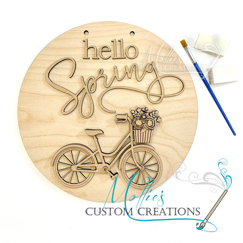 Hello Spring Bicycle Door Hanger | DIY Paint Kit Round Wood Sign Décor ...