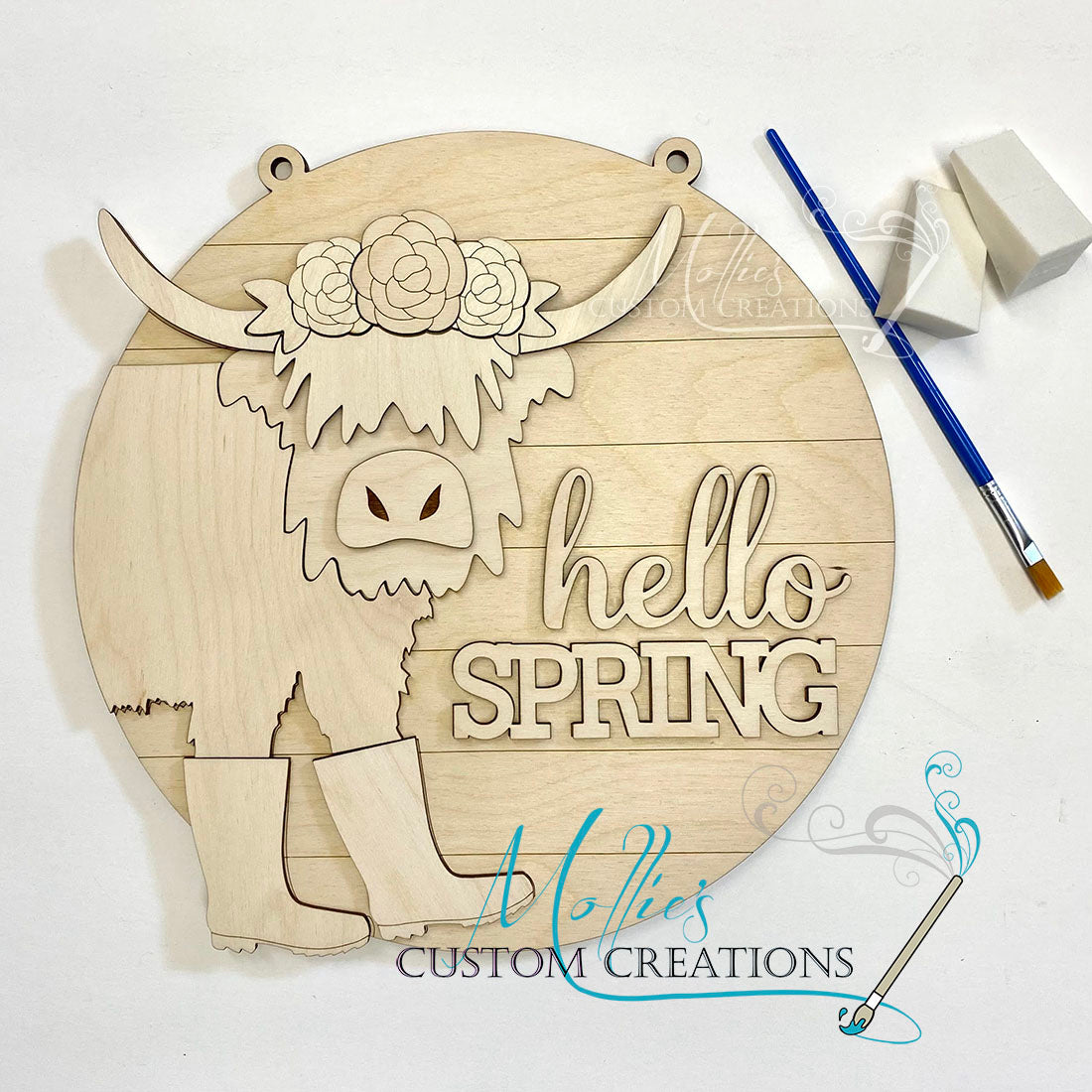 Highland Cow Hello Spring Door Hanger | DIY Paint Kit Round Wood Sign ...