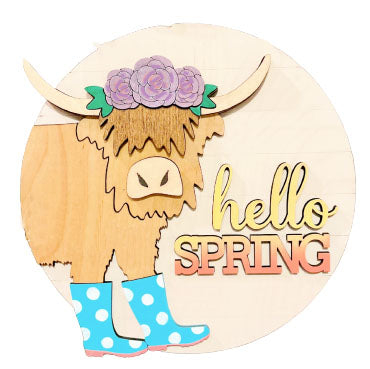 Highland Cow Hello Spring Door Hanger | DIY Paint Kit Round Wood Sign ...